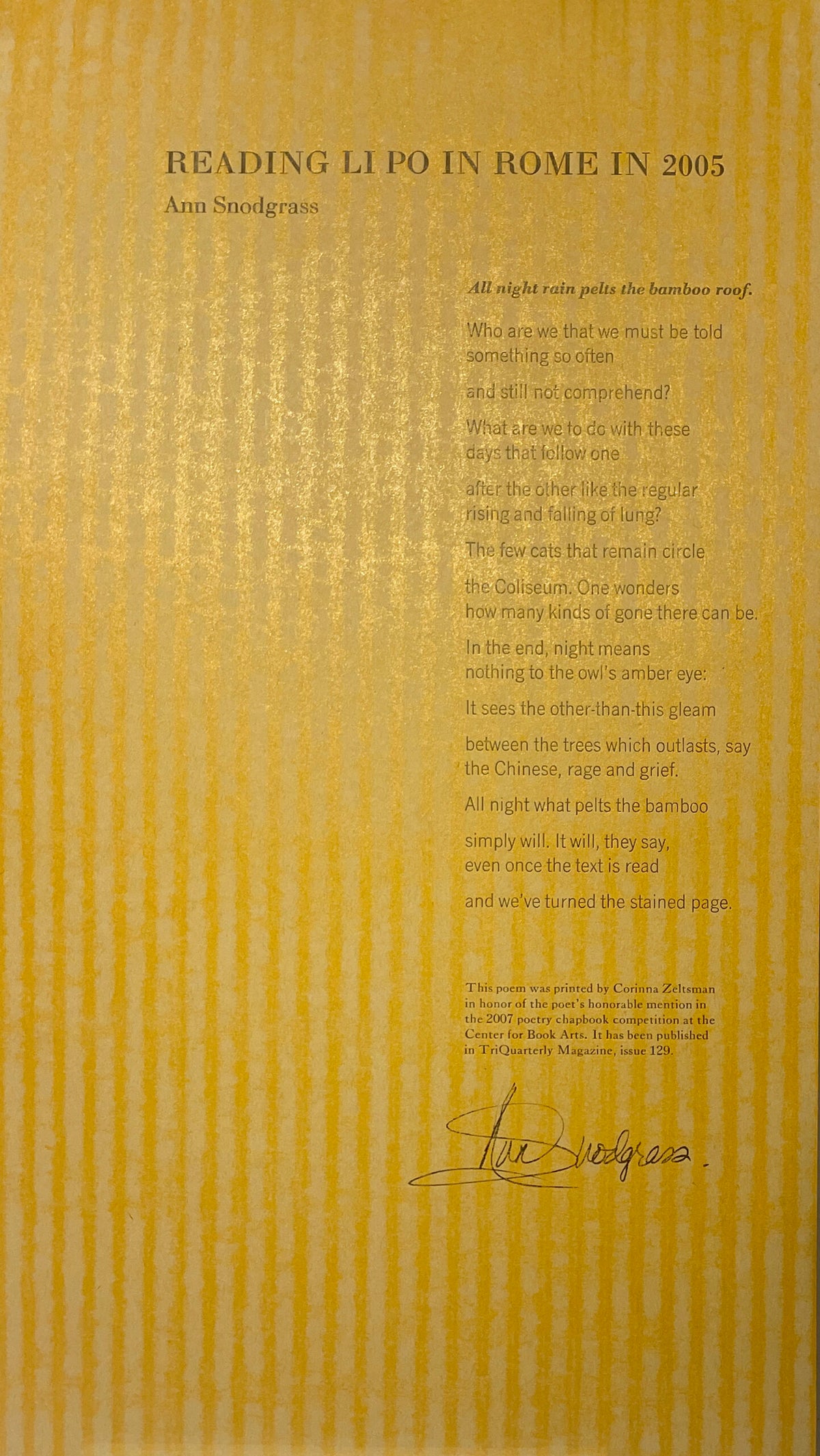Reading Li Po In Rome In 2005 – Center for Book Arts